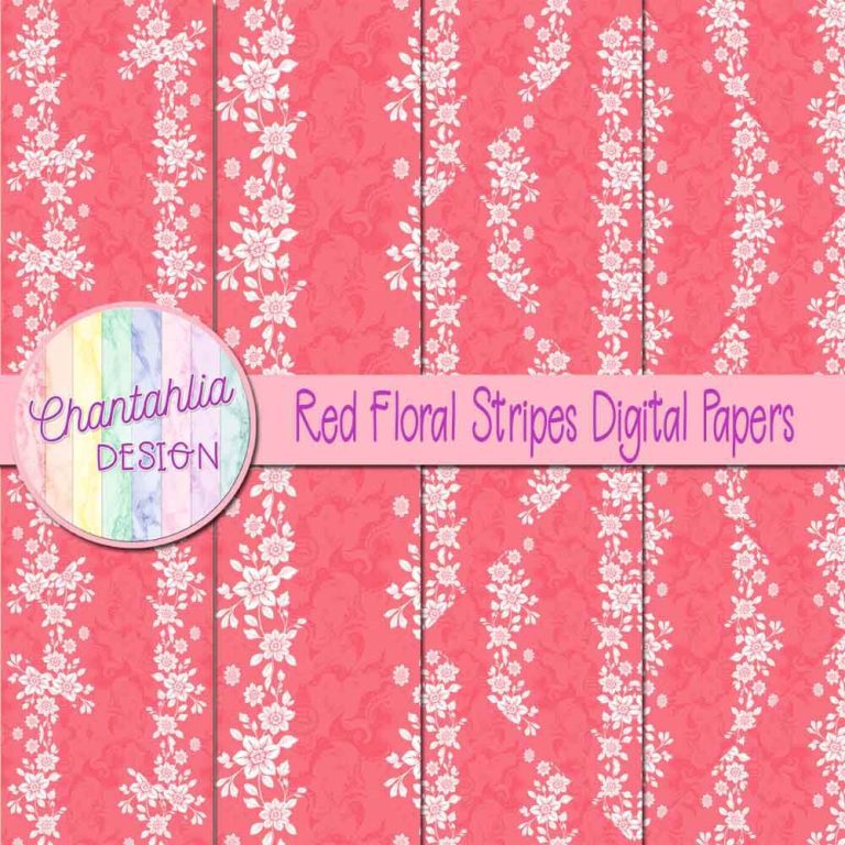 Red Floral Stripes Digital Papers