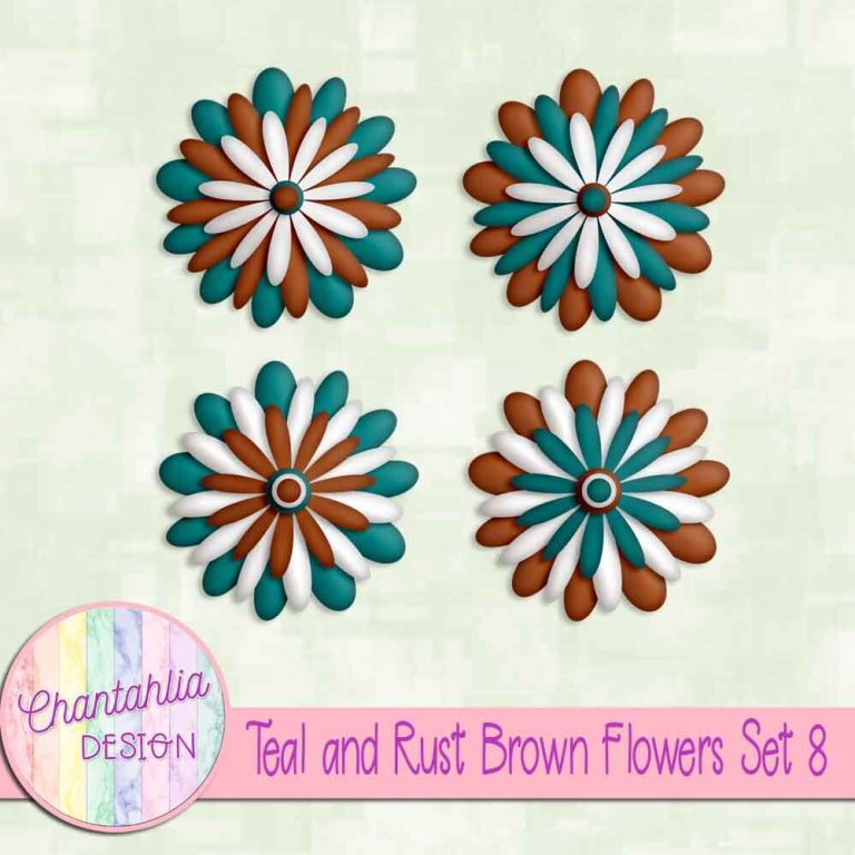 Teal and Rust Brown Flowers Set 8 - Chantahlia Design