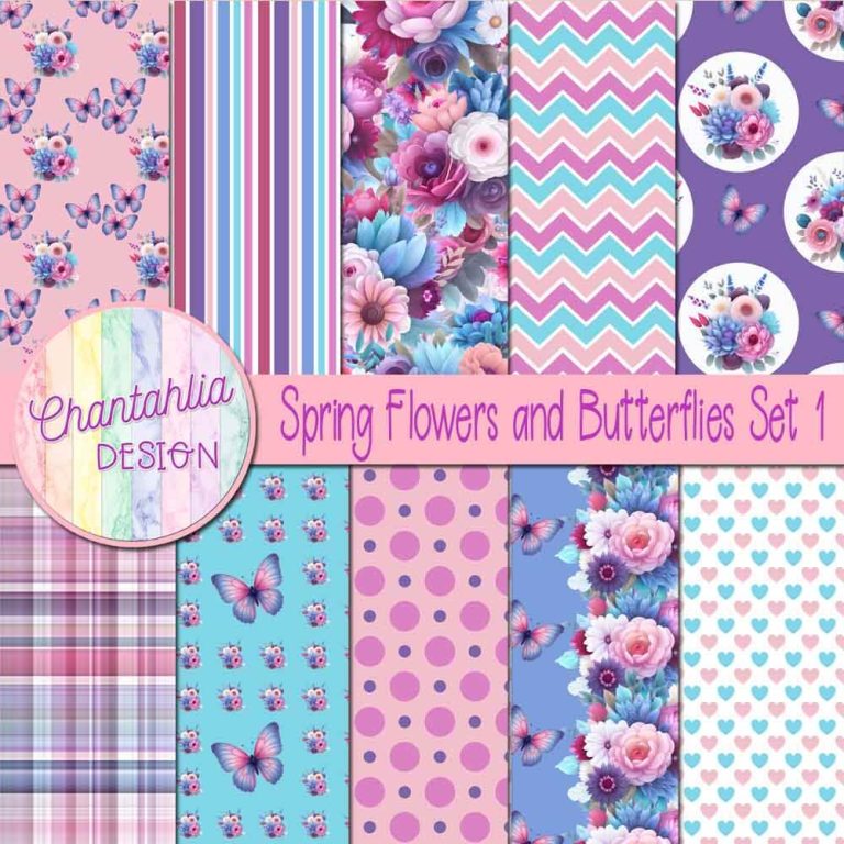 Spring Flowers and Butterflies Digital Papers Set 1 - Chantahlia Design